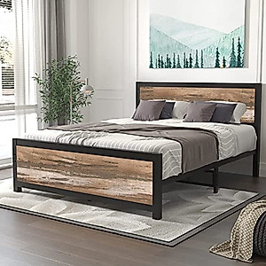 Full Size Bed Frames with Headboard Full Platform Bed Frame Rustic Wood Platform Metal Bed Frame Full Size Bed Frames with Storage No Box Spring Needed Heavy Duty Slat Support (Industrial Brown, Full)