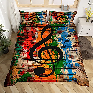 Castle Fairy Graffiti Bedding Set Full Size,Farmhouse Barn Door Duvet Cover,Teenager Music Lover Comforter Cover,Classic Musical Notes Room Decor Quilt Cover,2 Pillowcase,No Comforter