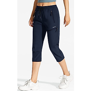 MOCOLY Women's Hiking Capris Pants Outdoor Lightweight Quick Dry Water Resistant UPF 50 Cargo Pants with Zipper Pockets Navy Blue L