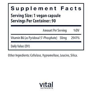 Vital Nutrients Pyridoxal-5 Phosphate | Activated Vitamin B6 | Methylated B6 for Metabolism, PMS, and Menstrual Support* | High-Potency P5P Supplement | Gluten, Dairy, Soy Free | 90 Capsules