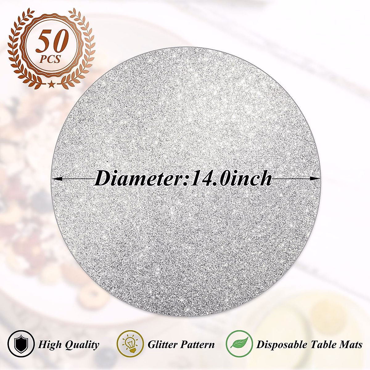 50 Pieces Silver Glitter Paper Place Mats Sparkle 14'' Round Disposable Table Mats Silver Sequin Doilies Decorative Placemats for Wedding Banquet Party Home Dining Tableware