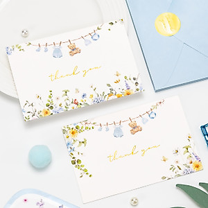 Crisky Baby Shower Blue Gold Thank You Cards (50 Pack) with Envelopes & Stickers Boy Baby Shower Greeting Cards Bulk, Watercolor Delicate Wildflower for Baby Shower Party