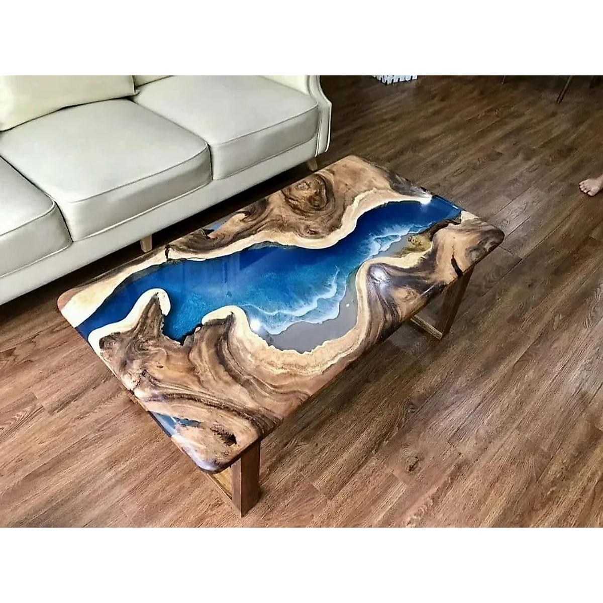 Natural Wood Unique Blue Ocean with Wave Look Resin Epoxy Table Coastal table Top Dining Table Coffee Table Side/End Table Home Décor (28.5" Inches Tall, 72 x 36 Inches)