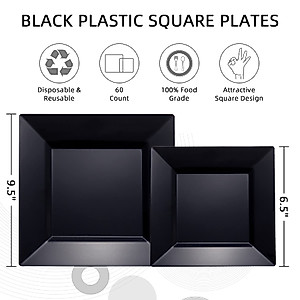 N9R 60 Pack Black Square Plastic Plates (9.5'' Dinner, 6.5'' Dessert/Salad) - Classic, Disposable, BPA Free, Reusable & Recyclable - Great for Parties & Weddings