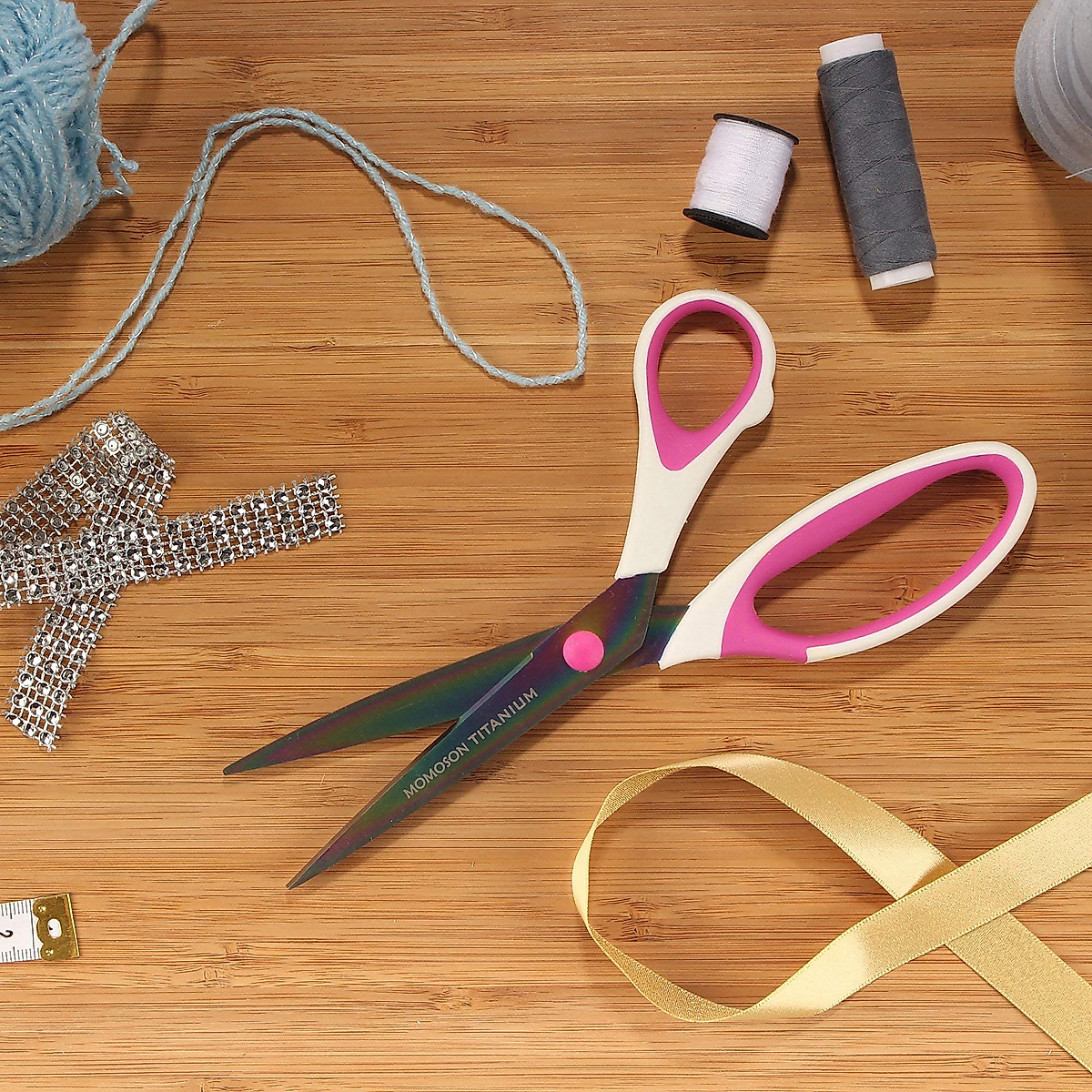 BambooMN Titanium Softgrip Scissors Set for Sewing, Arts, Crafts, Office - 1 set of 3 - White w/Pink Inlays