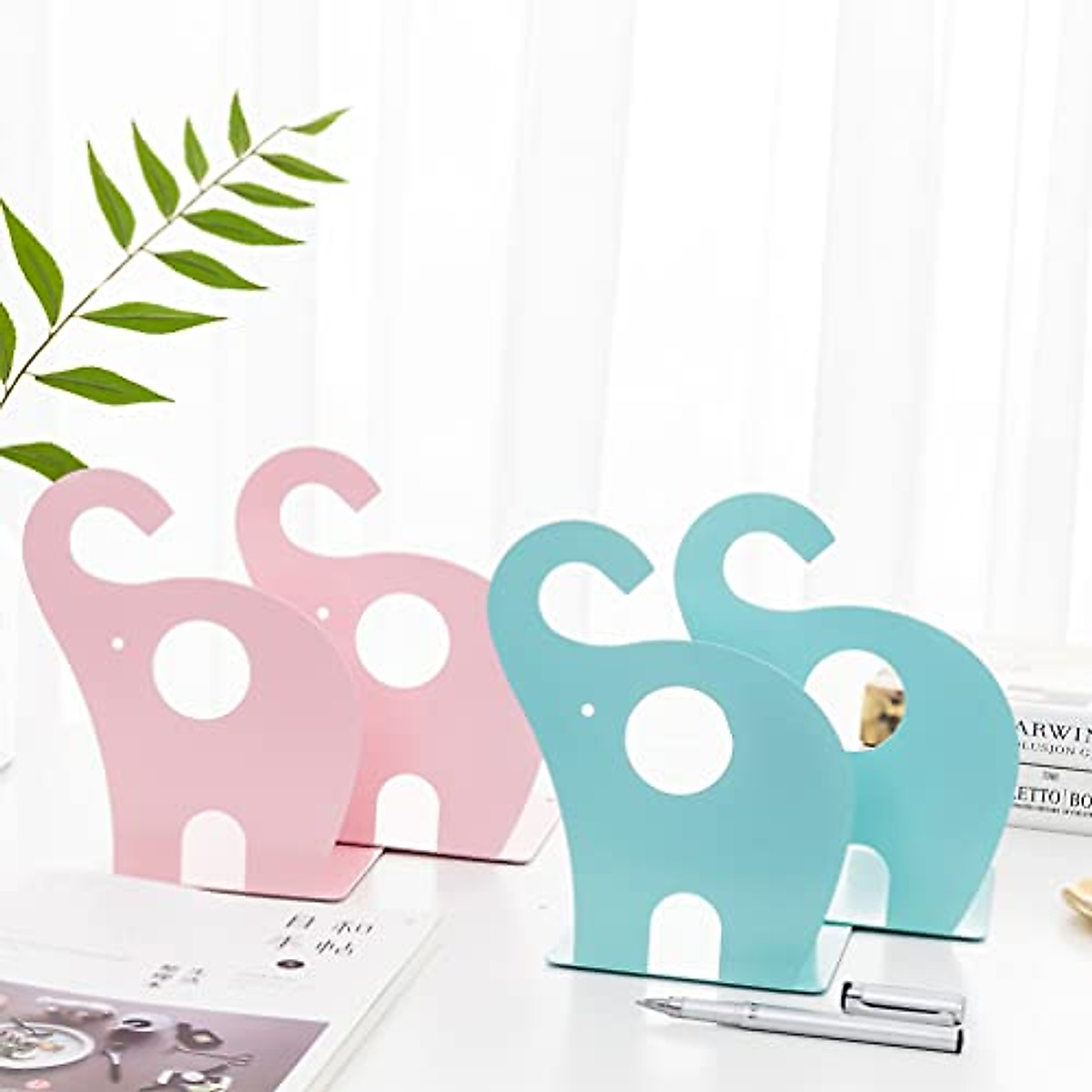 FAVOMOTO 1 Pair Metal Bookends Cute Cartoon Elephant Shape Bookend Stand Book Stoppers Bookshelf Holder Organizer for Bedroom Office School Book Display Pink