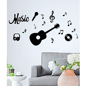 Guitar Music Wall Decal Sticker Musical Notes Music Notes Wall Decor Music Art Home Decor Vinyl Wall Mural Home Music Art Decoration Wall Stickers (1*Black+1*Grey)