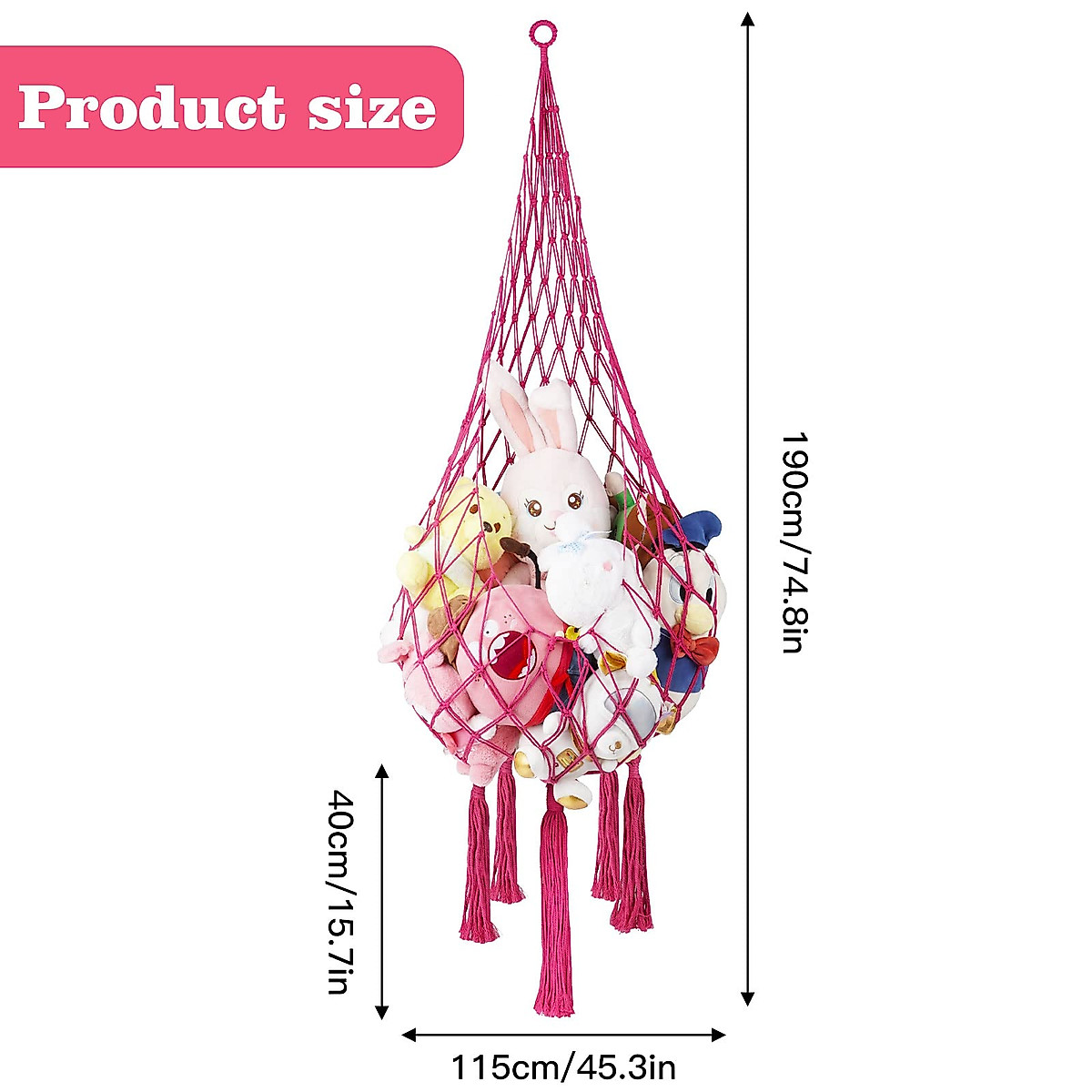 Stuffed Animal Net or Hammock Handmade Large Macrame Toy Display Hammock Organizer for Corners, Walls and Ceiling Hanging Plushie Net Toys Holder for Kids Room Boho Storage(Rose Red