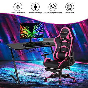 Tangkula Gaming Computer Desk, Z-Shaped Home Office Computer Table with LED Lights & Large Carbon Fiber Surface, Ergonomic Gamer Workstation, Writing Desk for Home Office