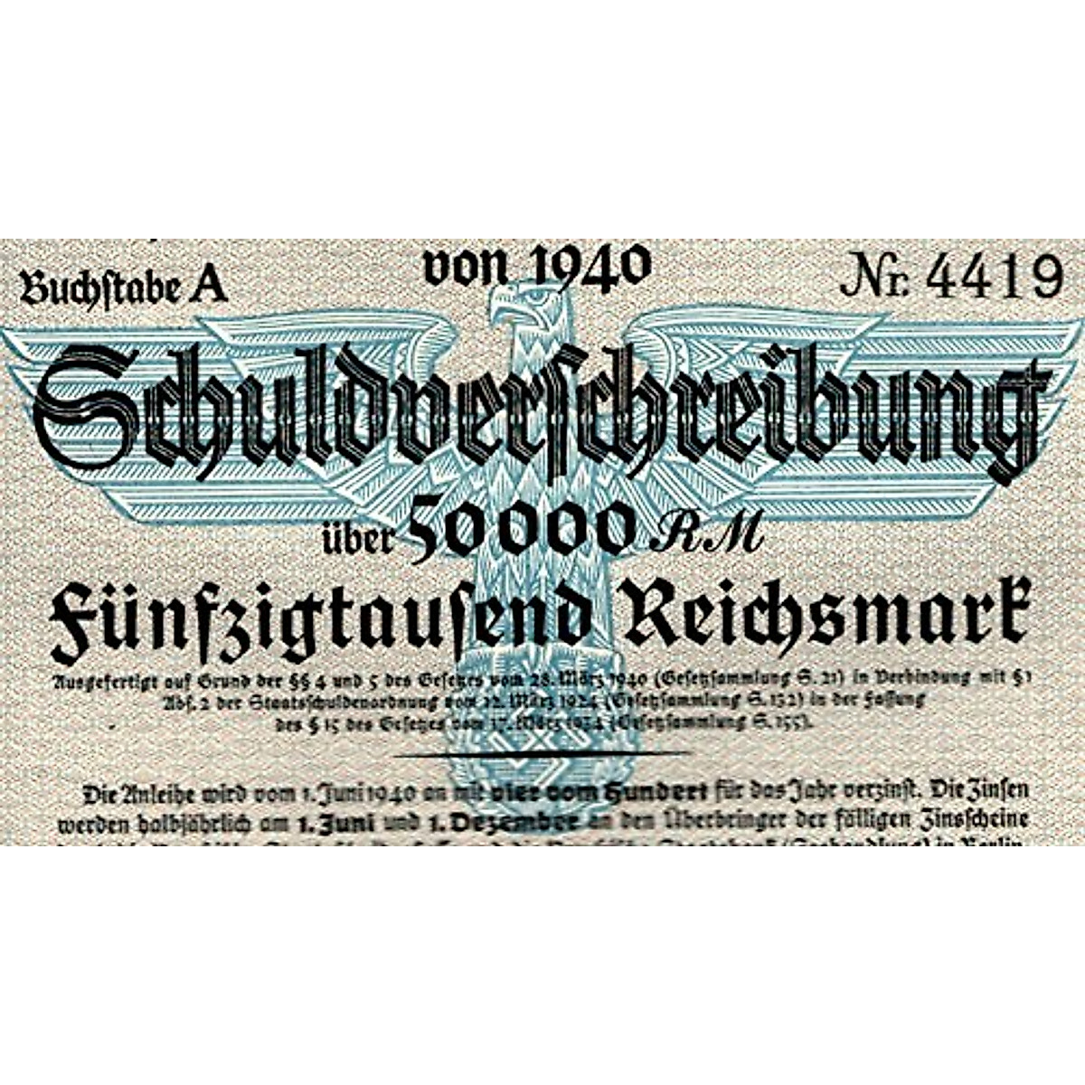 1940 DE RARE ORIGINAL 50,000 MARK NAZI WAR BOND w BLUE EAGLE, 2 SWASTIKAS 50,0000 Marks Crisp Uncirculated