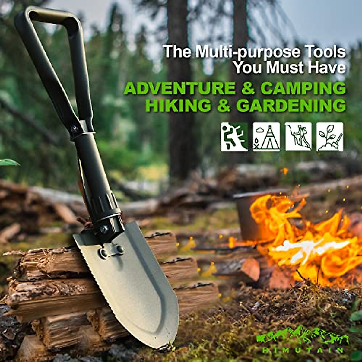 Himutain 18.5'' Military Folding Camping Shovel, w/Pick Foldable Tactical Shovel for Gardening, Camping, Hiking, Outdoor, Backpacking, Emergency (Olive)