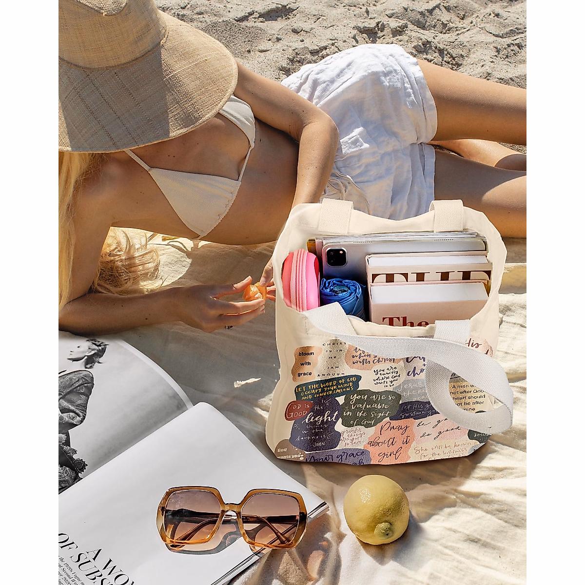 Miss Adola Aesthetic Heavy Canvas Tote Bag with Pocket for Women, Chic Bible Quote Collages Design Casual Sturdy Christian Cloth Cotton Gusseted Totes Bag with Pattern for Vacation, Shopping, Gym