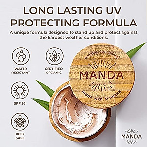 MANDA - Reef Safe Sunscreen - Made of Thanaka, Non-Nano Zinc Oxide & Organic Ingredients - SPF 50 - Travel Size, Waterproof Sunscreen Paste - Applies Thick - 40g