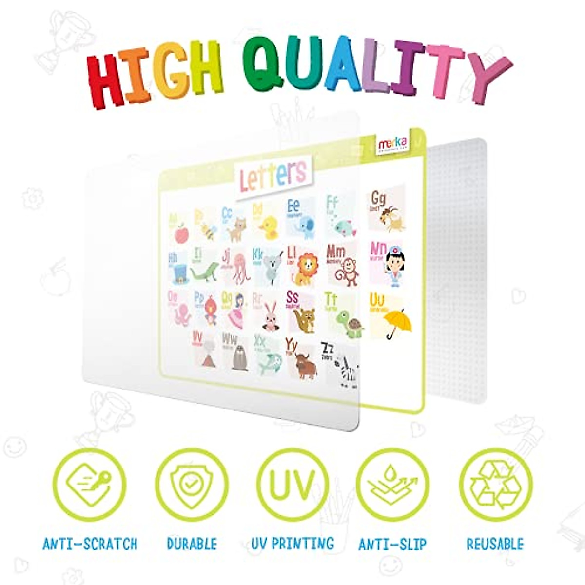 merka Kids Placemats for Dining Table Toddler Placemat Silicone Placemats for Toddlers Letters Numbers Shapes and Colors Alphabet Set of 4