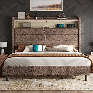 Jocisland Full Bed Frame with LED Lights Charging Station Tall Headboard Upholstered Platform Bed Wingback, No Box Spring Needed, Boucle Khaki