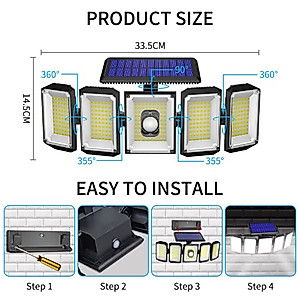 MelonArt Solar Lights Outdoor, 7000K 300 LED Security Lights with Remote Control, 5 Heads 360°Wide Angle Motion Sensor Light, IP65 Waterproof Flood Wall Lights with 3 Modes for Yard Garden, 2 Pack
