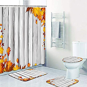 ArtSocket 4 Pcs Shower Curtain Set Autumn Orange Fallen Maple Leaves Fall on The Wood with Non-Slip Rugs Toilet Lid Cover and Bath Mat Bathroom Decor Set 72" x 72"