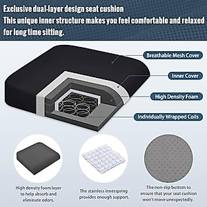 baibu Patented Spring Coil Seat Cushion Chair Pad 19 x 17x 3 Inch, Dual Layer Bamboo Charcoal Foam Chair Cushions with Carry Handle Non Slip Bottom, Machine Washable (Black (1PACK))