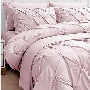 LANE LINEN Pink Comforter Set Queen Size with Sheets, Pillowcases & Shams, Pintuck Bedding Queen Size, Soft Queen Size Bed in a Bag Set, Pinch Pleated Queen Bed Comforter Set, Queen Bed Set for Girls