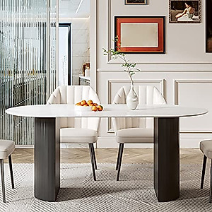 LITFAD Modern Dining Room Table Dinner Kitchen Table Oval Double Pedestal Dining Table Slate Top Restaurant Table - 63" L x 35.4" W x 29.5" H, Table Only(Not Including Chairs)