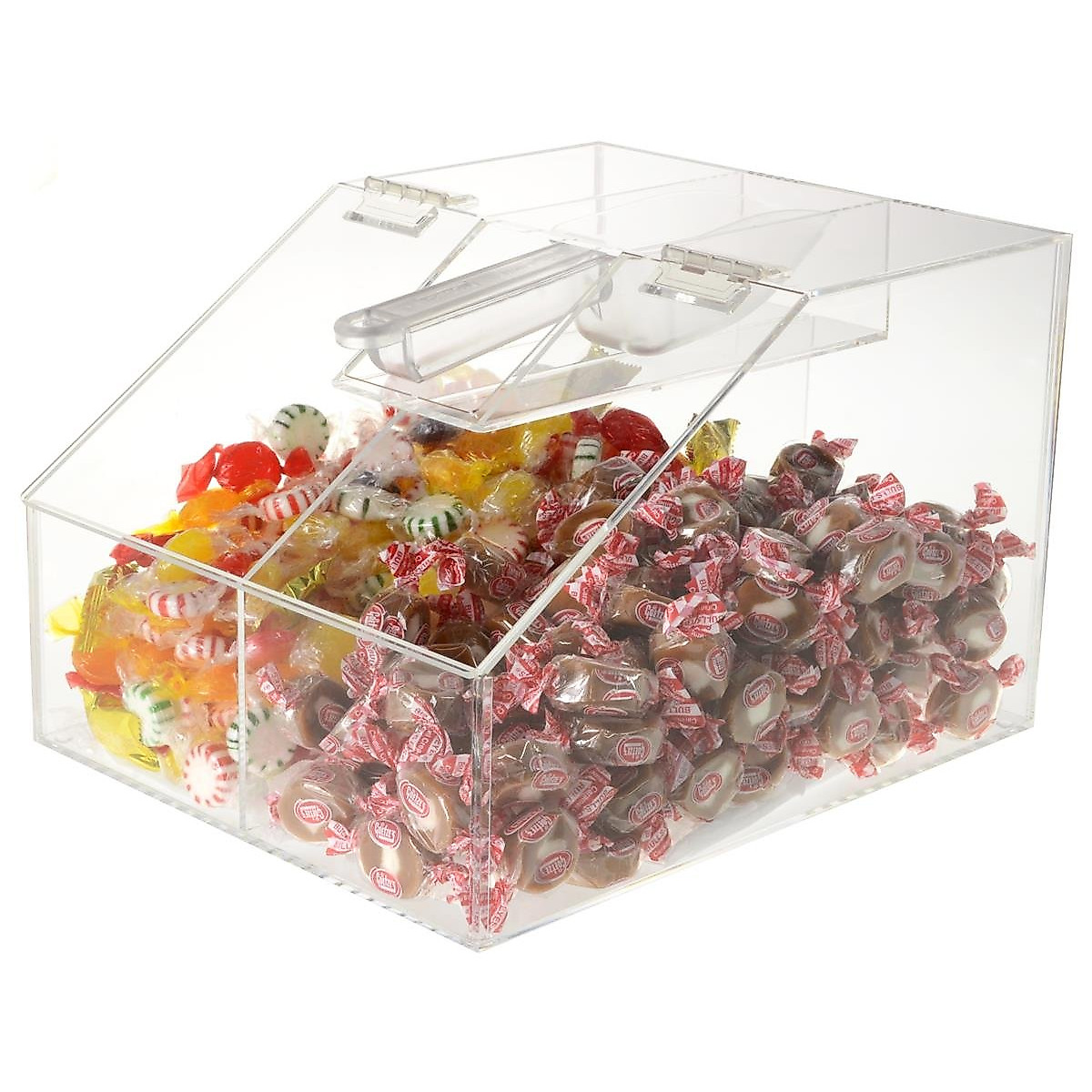 Displays2go Double Candy Bin for Counters, Clear Acrylic Bulk Food Bin with Separate Scoop Holder and Hinged Doors - Scoop NOT Included
