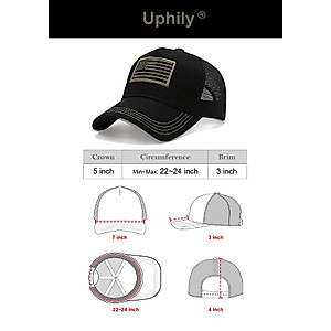 Uphily Black US American Flag Trucker Cap - Mid Profile Curved Bill Patriotic Mesh Dad Hat for Men Women