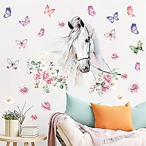 White Horses Wall Decals Farm Animal Decals Peel and Stick Wild Horse Wall Decor Butterfly Flowers Wall Stickers Horses Wall Art Mural for Living Room Kids Bedroom Nursery Farmhouse Office Decor Gift