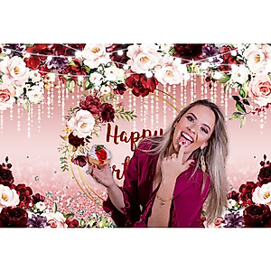 Sensfun Floral Happy Birthday Backdrop Burgundy Flowers Rose Gold Glitter Bokeh Spots Photo Background Vinyl Women Birthday Party Cake Table Decorations Photoshoot Banner (7x5ft)