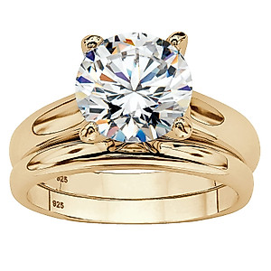PalmBeach Yellow Gold-Plated or Platinum-Plated Sterling Silver Round Cubic Zirconia 2 Piece Solitaire Bridal Ring Set Size 8