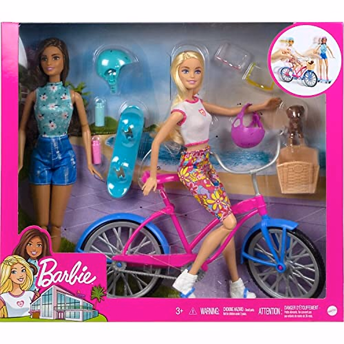 Barbie Outdoor Bike Playset Bundle Blonde and Brunette Doll with Puppy Summer Fun Set