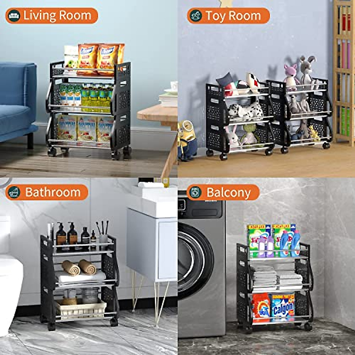 Fruit Vegetable Storage Basket,COORACK 3-Tier Stackable Kitchen Baskets Fruit and Vegetable Stand Rack with Wheels,Storage Cart for Kitchen, Free-Standing Organizer for Kitchen,Bedroom,Bathroom,Garage