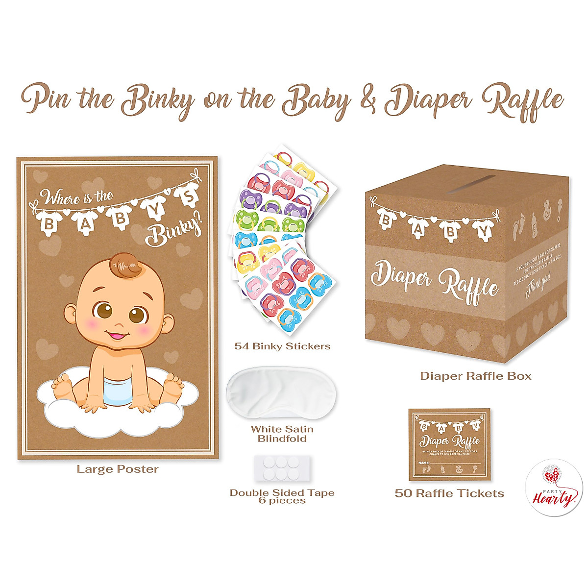 Party Hearty 2 Baby Shower Games, Pin The Pacifier on The Baby Game and 50 Pcs Diaper Raffle Tickets with Box, Bring a Pack of Diapers to Win, Pin The Binky on The Baby