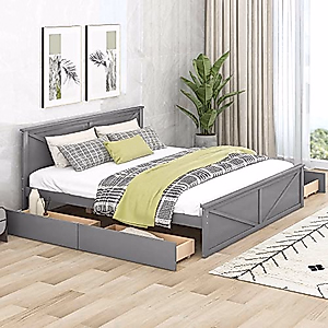 ATY King Size Platform Bed with 4 Storage Drawers, Wooden Bedframe w/Headboard and Support Legs, for Livingroom, Bedroom, Guestroom, No Box Spring Needed, Gray