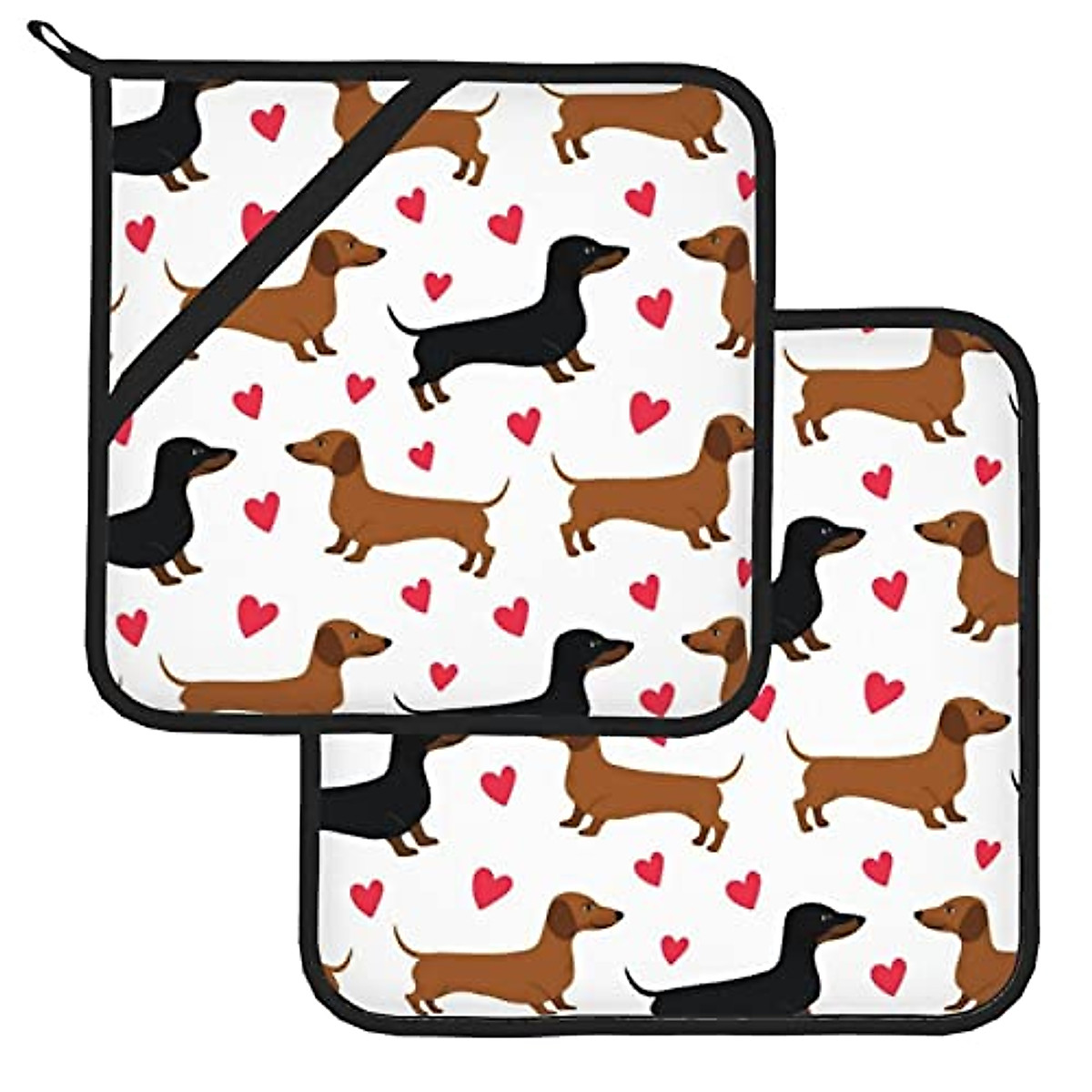 Romantic Dachshunds Set of 2 Square Insulated Pot Holders, Kitchen Baking, Pot Holders Sets, One with Pocket and One Without Pocket