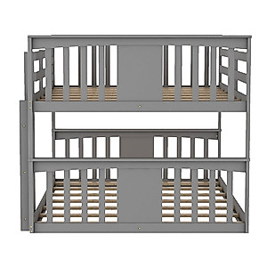 Harper & Bright Designs Full Over Full Low Bunk Bed with Headboard and Footboard, Wooden Bunk Bed with Ladder, for Toddlers Kids Boys Girls - Gray