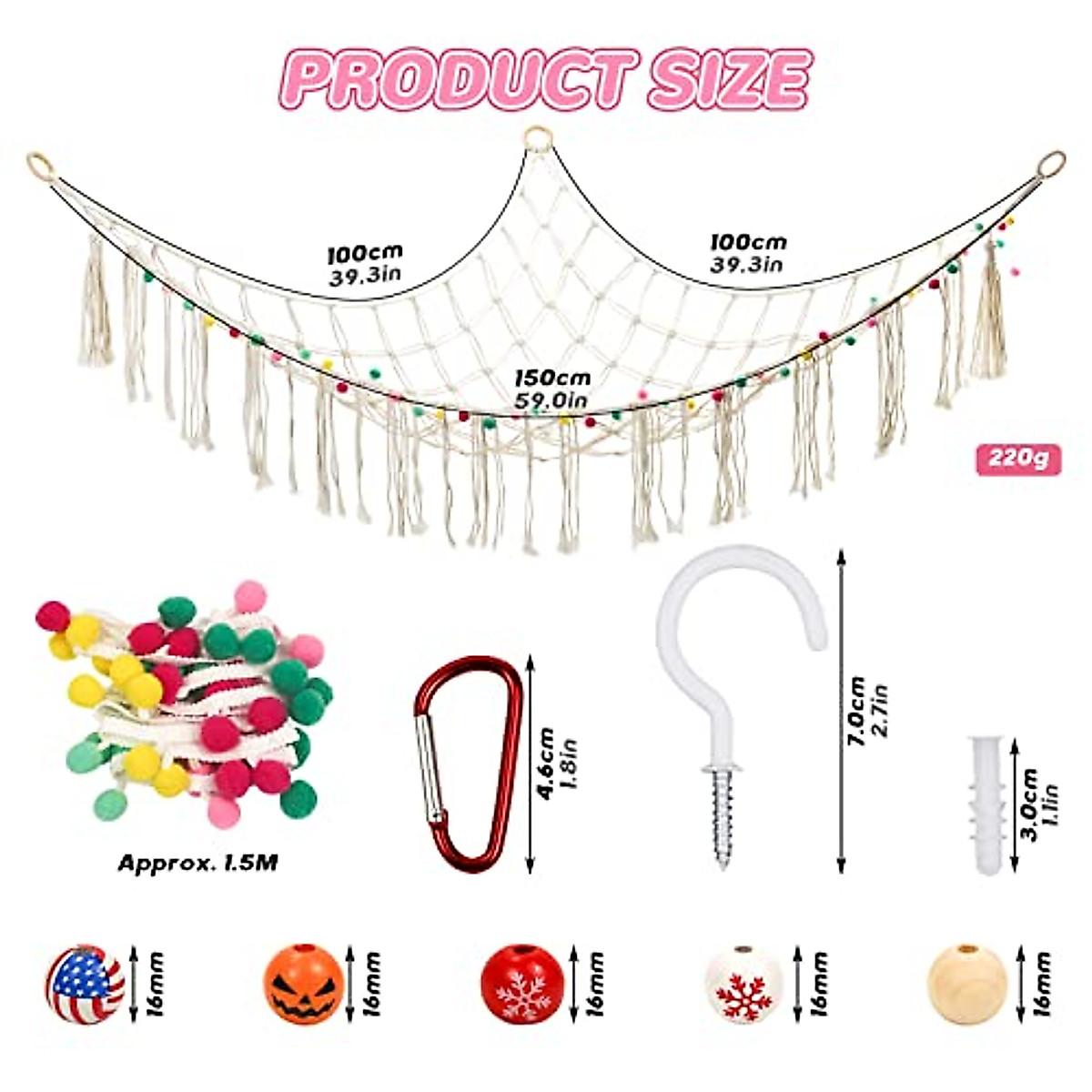 Stuffed Animal Nets, 59 Inches Hanging Stuffed Animal Netting Storage Large Wall Corner Stuffed Animal Hammock Organizer Ceiling Net DIY Beads for Kids Toy Display Bedroom Nursery (59 Inches, White)