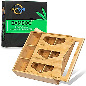 Joycor Bamboo ziplock bag storage organizer, baggie organizer for kitchen drawer or wall mount - holds gallon, quart, sandwich and snack variety size bags
