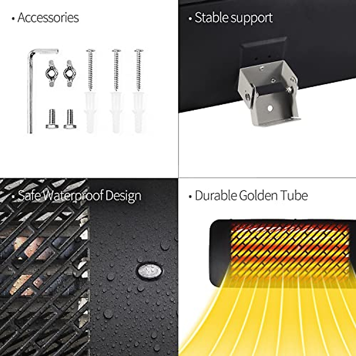 HUMSURE Electric Quartz Tube Wall Mount Infrared Patio Heater 1500w, Waterproof And Lightweight For Dining Room, Patio, Backyard, Garage And Deck, Standard, Black