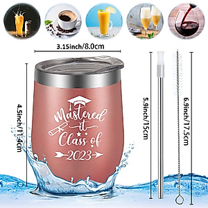 Lifecapido Graduation Gifts, Mastered It Class of 2023 Stainless Steel Wine Tumbler, Graduation 12oz Wine Tumbler with Lid and Straw for High School College Graduates, Masters Graduates, Rose Gold
