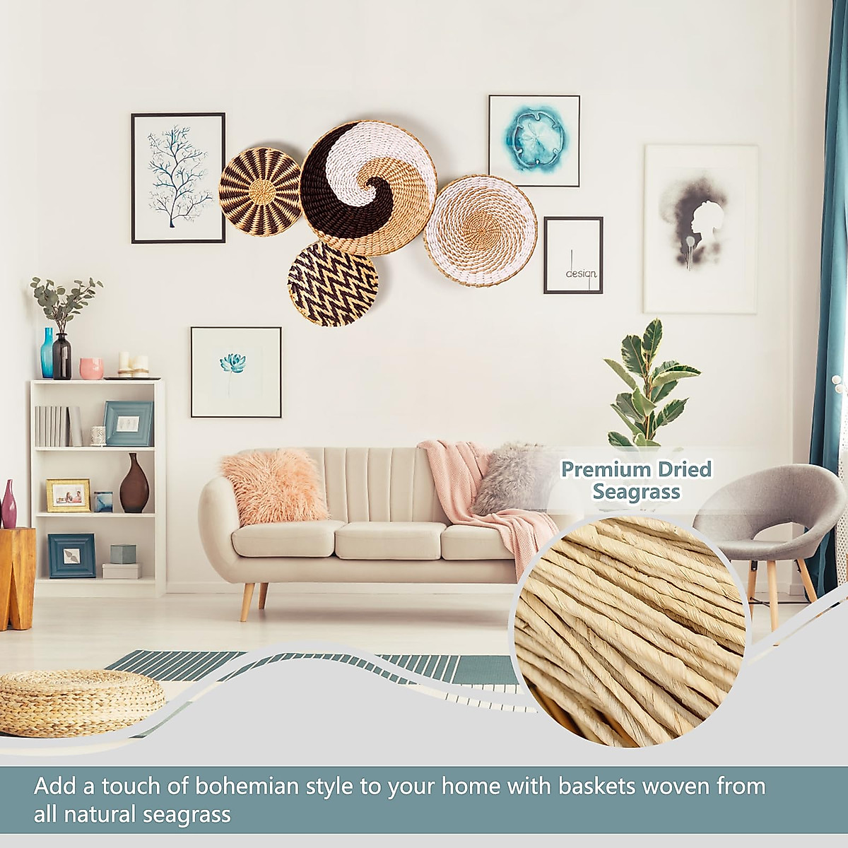 Hanging Woven Wall Basket Boho Decor Set, 4 Unique Handmade Seagrass Rattan Round Baskets Wall Decoration for Home Living Room Bedroom Rustic Coastal Farmhouse - Ready to Hang with Nails Included