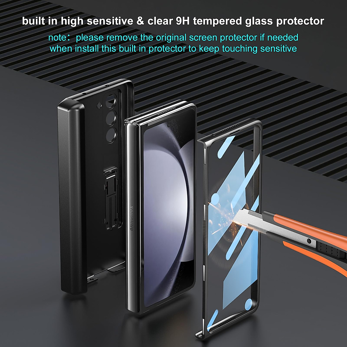 Libeagle Compatible with Samsung Galaxy Z Fold 5 Case, Built in Hidden Fold 5 New Slim S Pen Holder (2023), Leather on Back, Screen Protector, Hinge Protection, Wireless Charging Cover 5G-Carbon Fiber