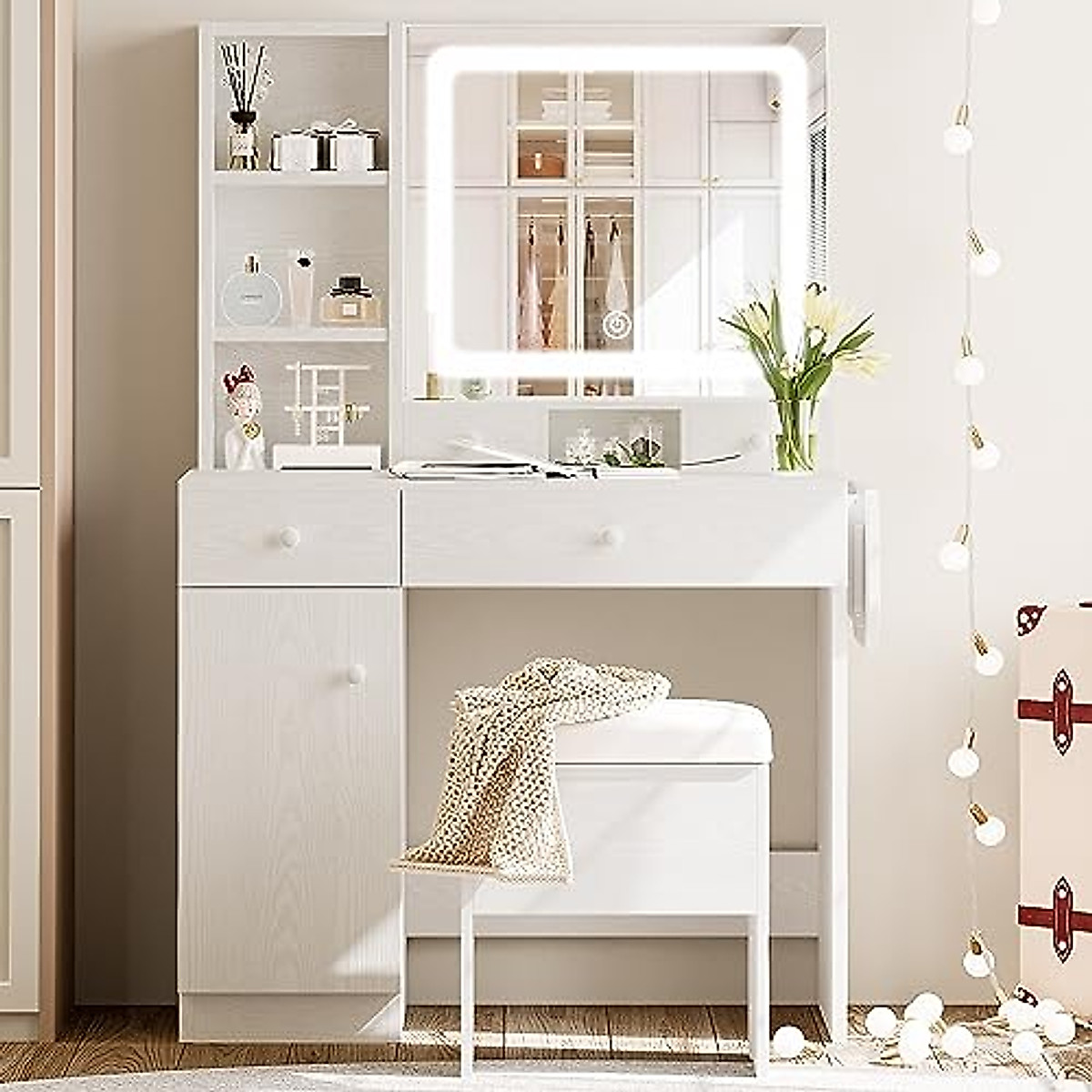 LIKIMIO Vanity Desk with Drawers & LED Lighted Mirror & Power Outlet & Cabinet, Storage Stool, Stylish Bedroom Makeup Table Set, White