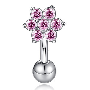 FLYUN CZ Flower Belly Button Ring, 316l Surgical Steel Belly Ring, Reverse Navel Ring, Dainty Small Belly Rings, Belly Piercing Belly Jewelry (8MM, 3PCS-Silver-Clear&Pink&Purple)