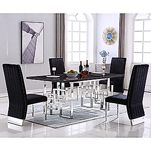 AZhome Dining Chairs, Black Velvet Upholstered Dining Room Chairs with Nailhead Trim and Silver Mirror Stainless Steel Legs, Set of 2