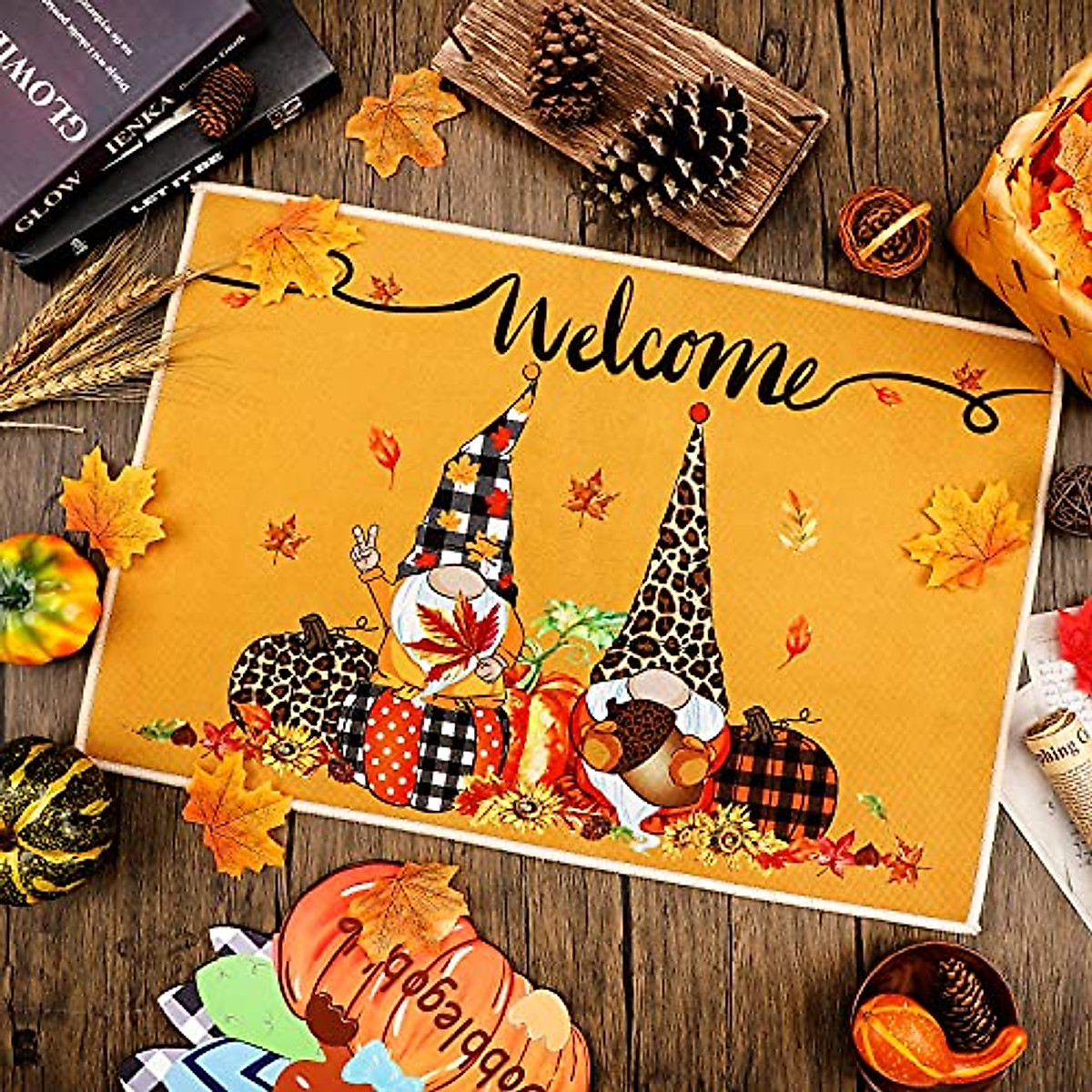Nuanchu Thanksgiving Welcome Doormat Gnome Fall Rug Leaf Pumpkin Entrance Rug Fall Nonslip Washable Sunflower Pumpkin Floor Mat 24 x 16 Inch for Indoor Outdoor Kitchen Bathroom Decor