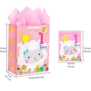 LeZakaa 1st Birthday Gift Bag, 13" Pink Glitter Gift Bag with Tissue Paper, Gift Tag and Card - Little Sheep Design for Girl, Kids, Child Birthday