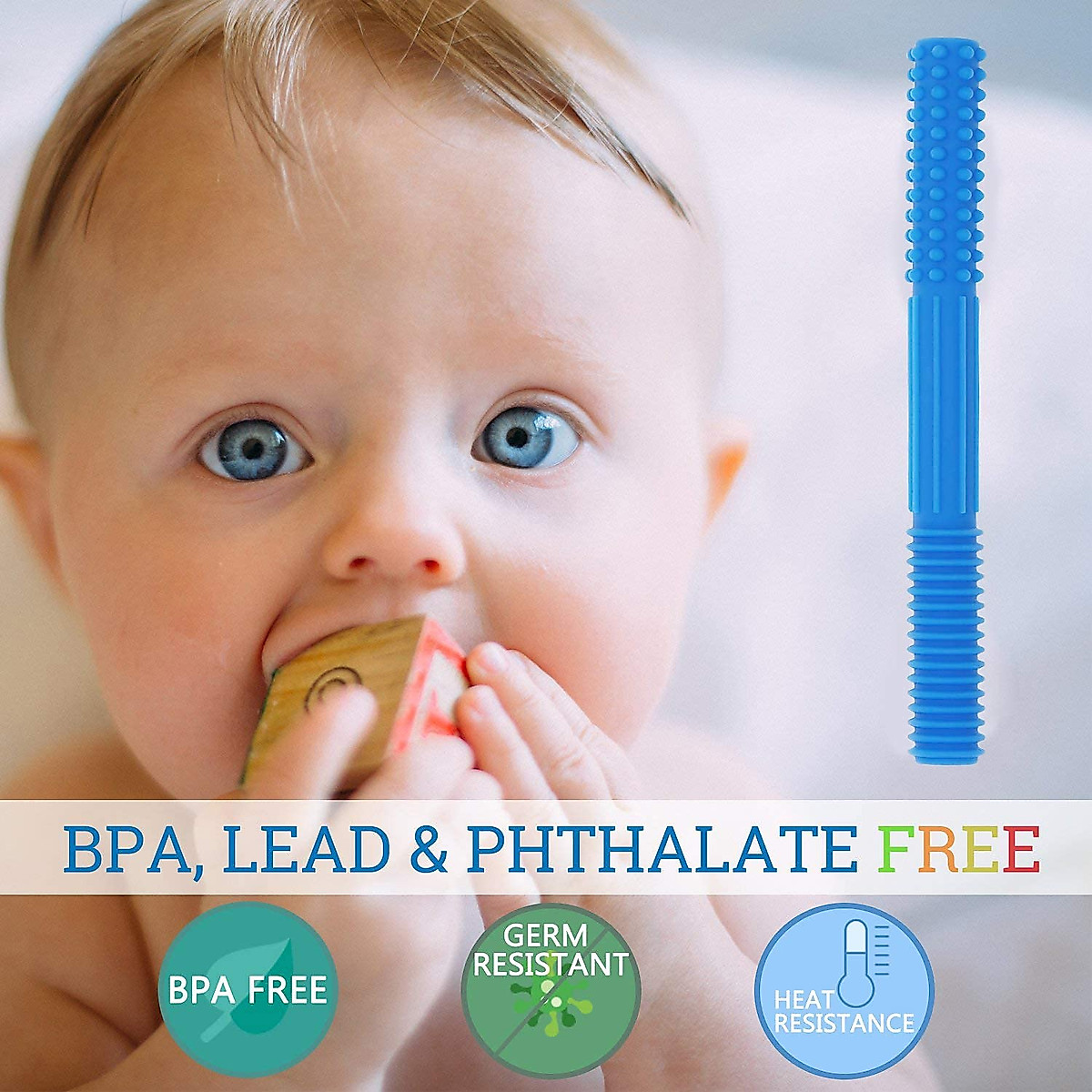 MAXPRO, 3 Pack Sensory Teething Tubes Soft Silicone Teether Toy for Babies with Autism,Biting,Chewing,Oral Motor Needs,Chew Stick for Infant Toddlers Kids, Blue,Green,Red, 6.9 inch*6.5 inch*6.5 Inch