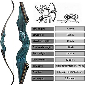 Vogbel 60" Archery Bow and Arrows Set for Adults Black Hunter Takedown Recurve Bow Survival Bow Hunting Longbow Bamboo Core Limbs for Right Handed Shooters Target Shooting Practice(60LB)