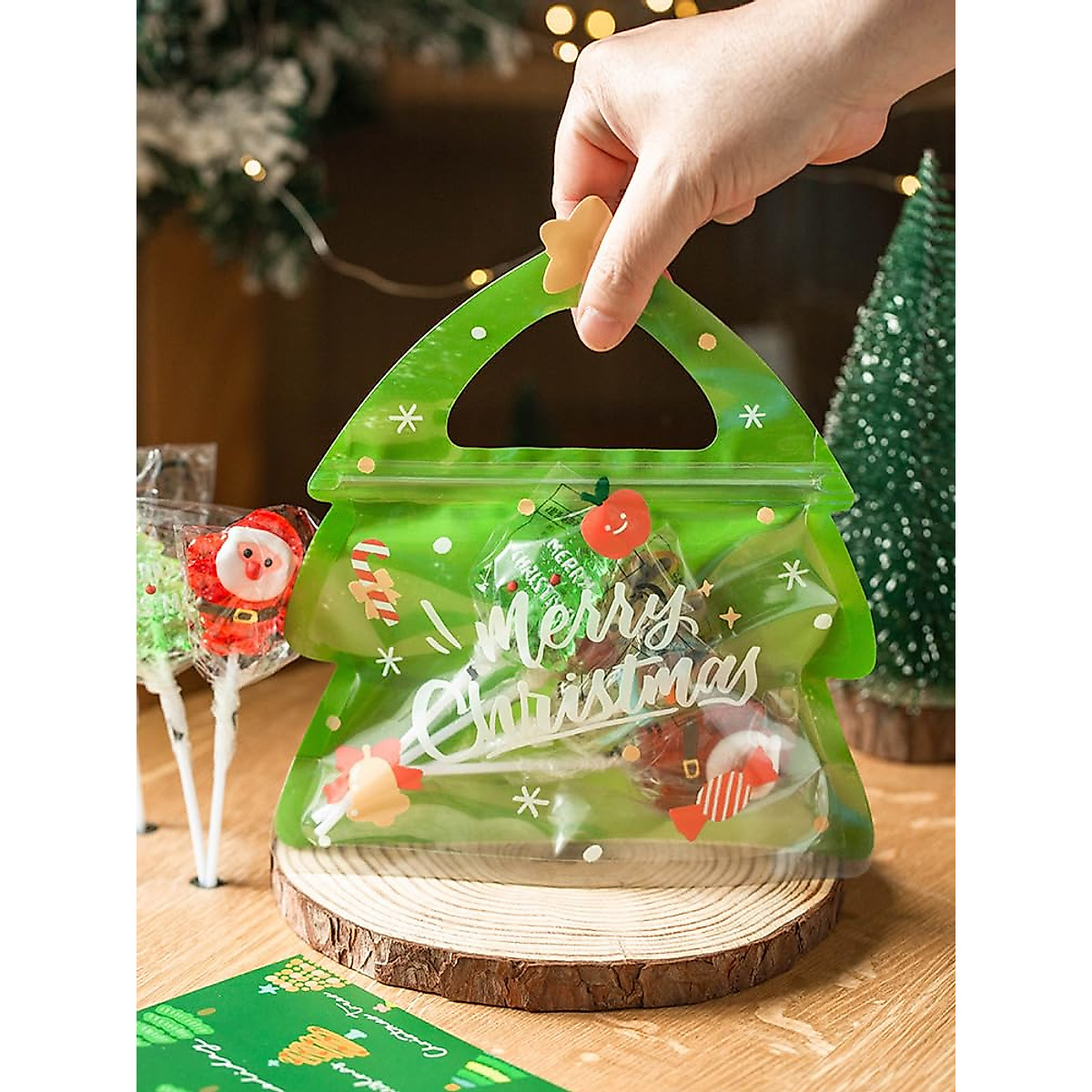ESUOHYM Christmas Treat Bags For Kids Clear Tree Shaped Ziplock Reusable Goodie Bag Xmas Sealable Bags With Handle For Candy, Cookie, Snack, Party Supplies 10 PCS