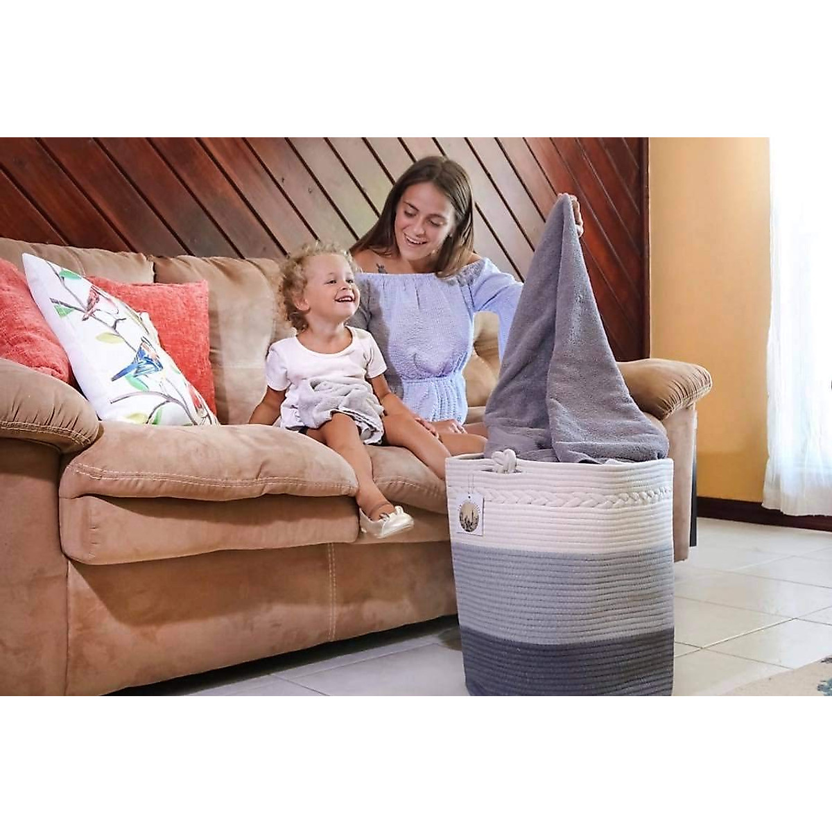 Cotton Rope Basket - 17.8" x 15.8" x 13.8" woven baby laundry basket - Woven Basket Nursery Bin - large baskets for blankets- thread laundry hamper - woven storage basket- rope baskets for organizing